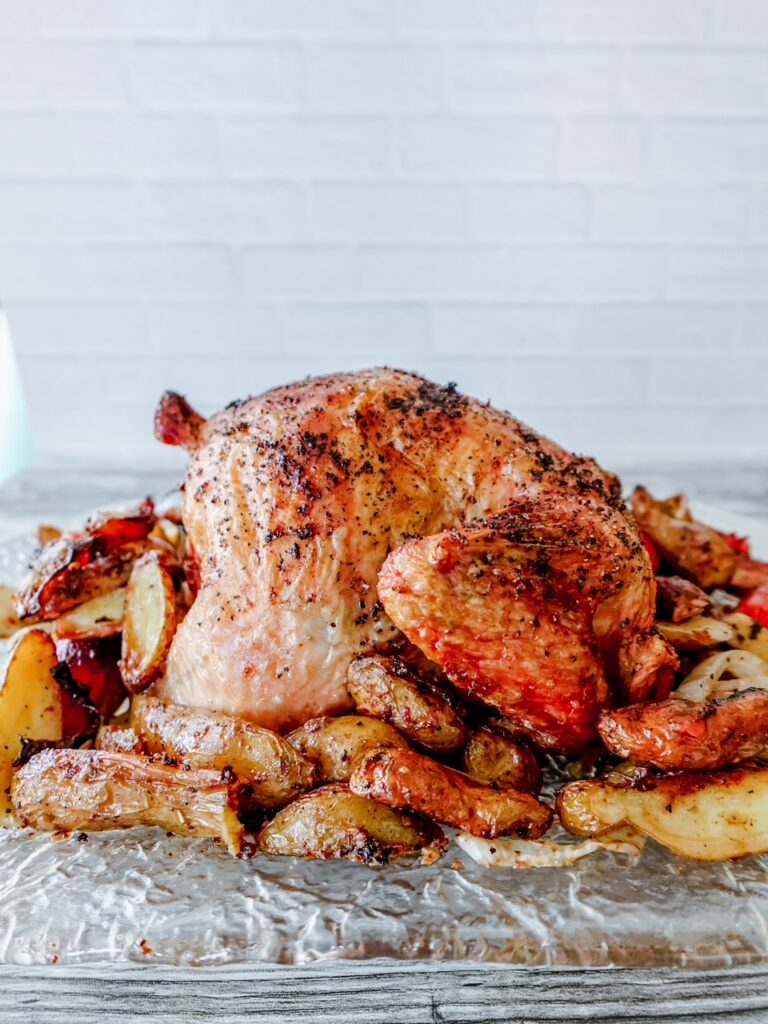French-Style Crispy Roast Chicken with Potatoes and Carrots
